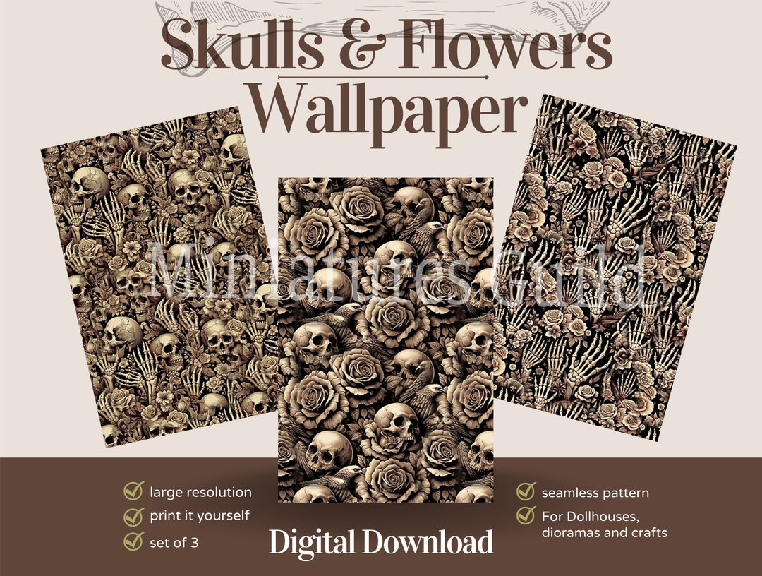 Floral Skulls Dollhouse Wallpaper for Gothic Book Nook or Victorian ...