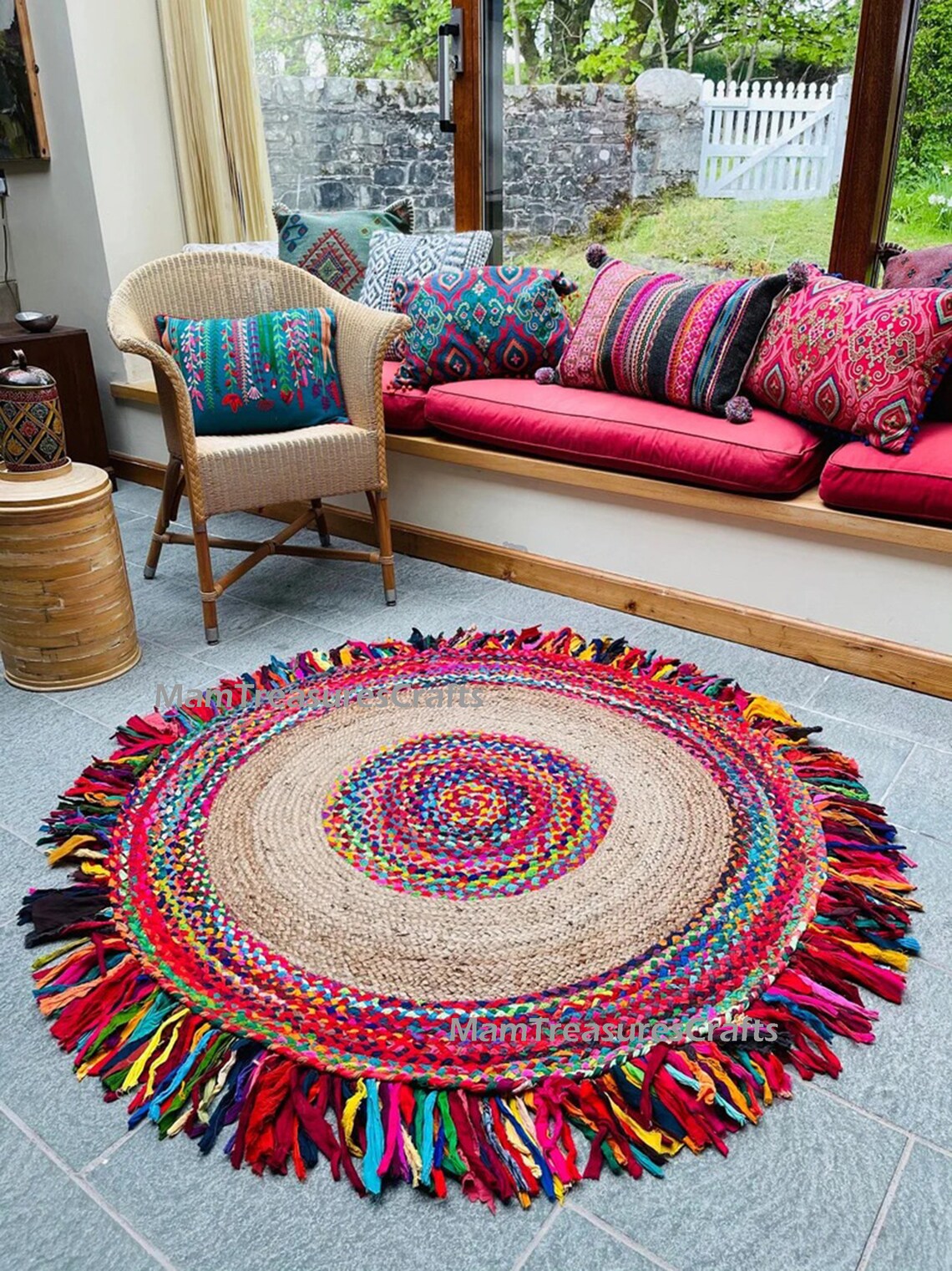 Indian Handmade Braided Jute Chindi Rug With Fringe Round Rug - Etsy