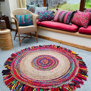 Indian Handmade Braided Jute Chindi Rug With Fringe Round Rug Home ...