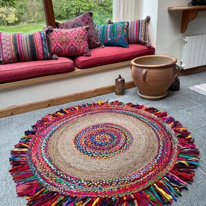 Indian Handmade Braided Jute Chindi Rug With Fringe Round Rug Home ...