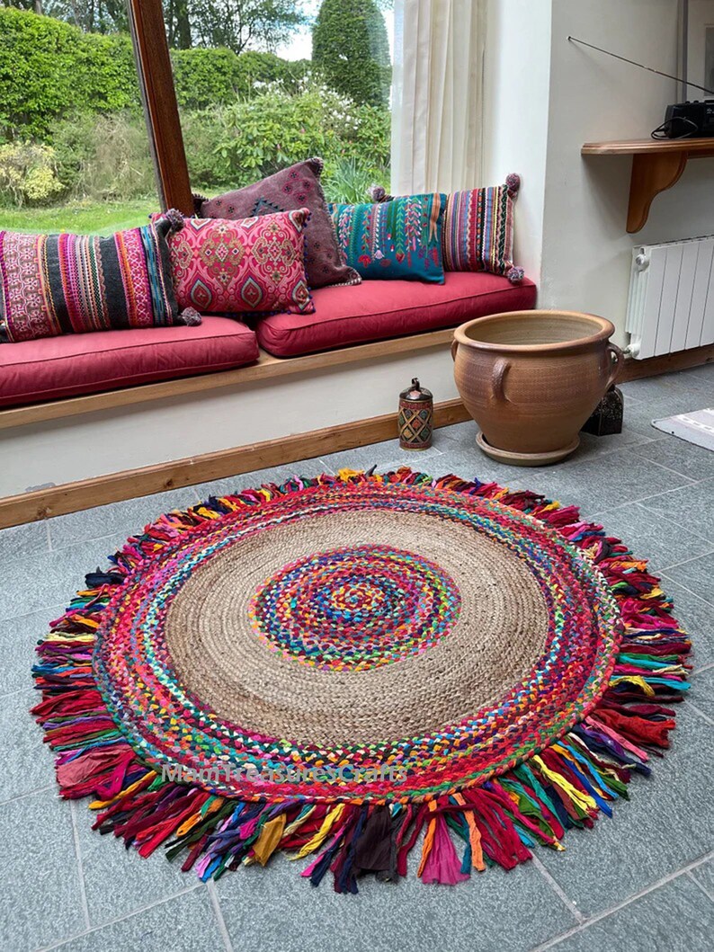 Indian Handmade Braided Jute Chindi Rug With Fringe Round Rug - Etsy