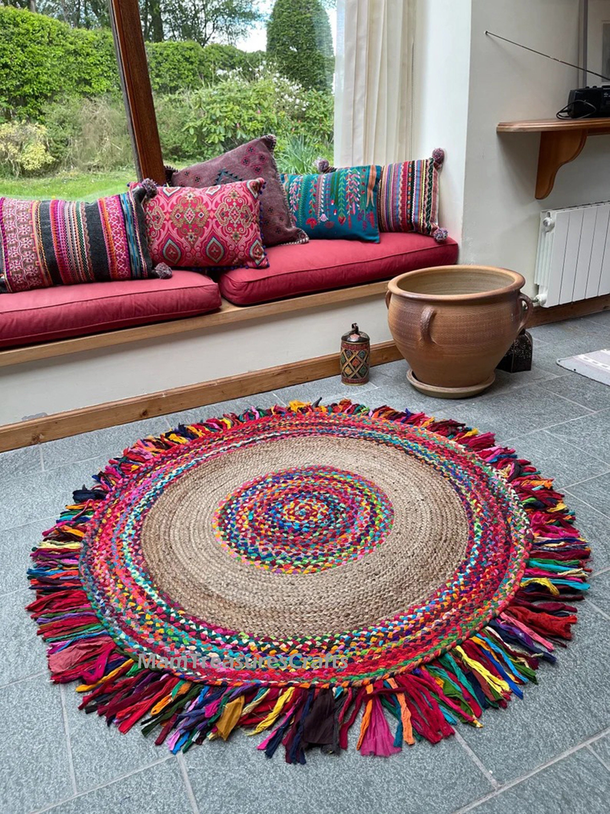 Indian Handmade Braided Jute Chindi Rug With Fringe Round Rug - Etsy