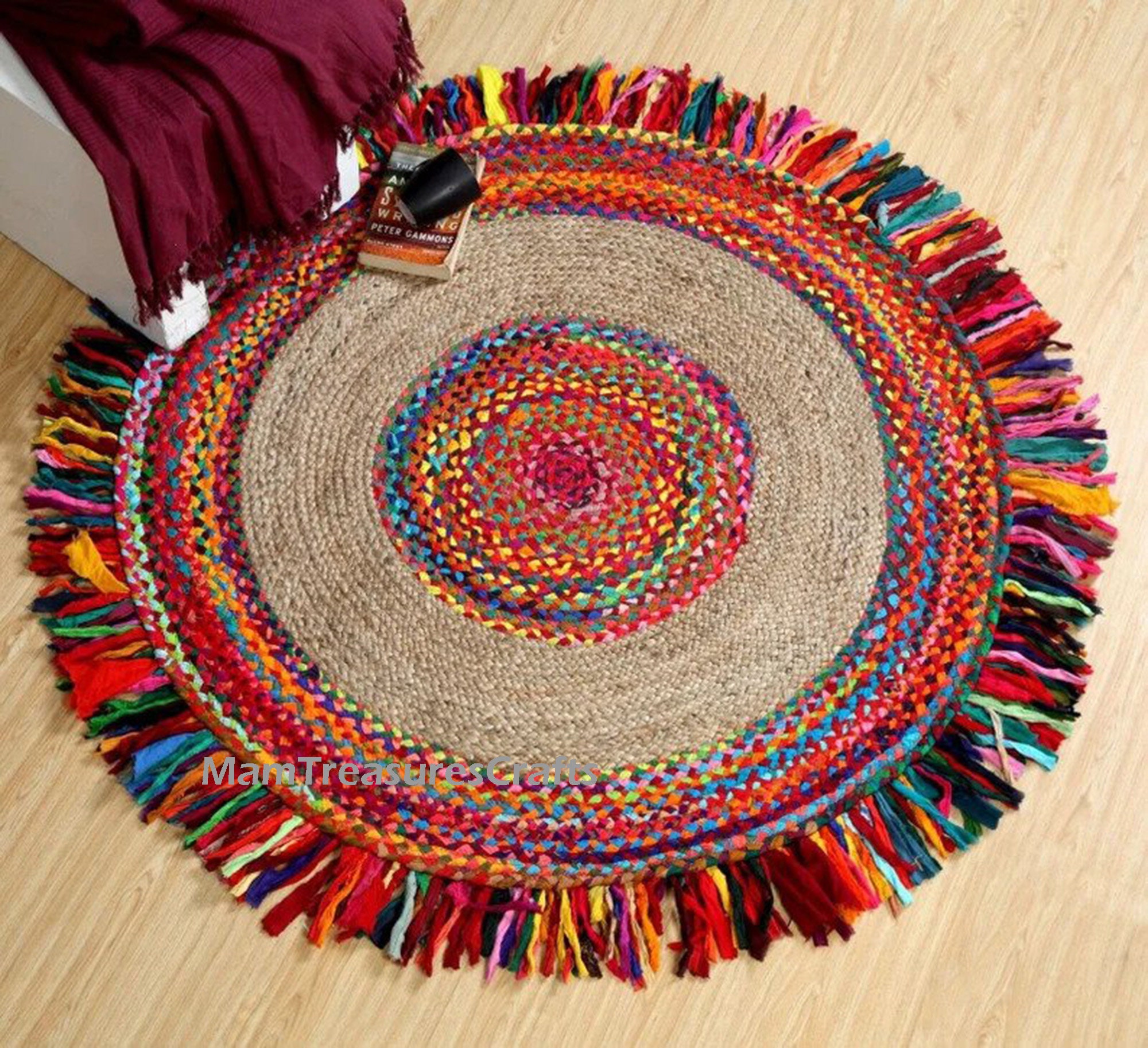 Indian Handmade Braided Jute Chindi Rug With Fringe Round Rug - Etsy