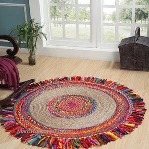 Indian Handmade Braided Jute Chindi Rug With Fringe Round Rug Home ...