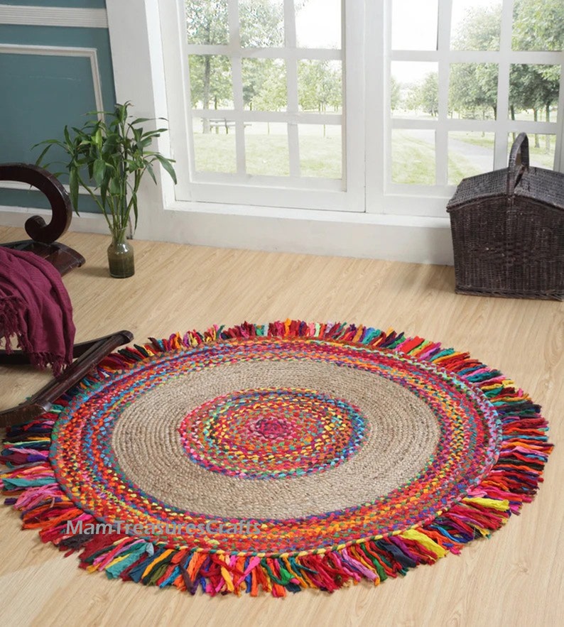 Indian Handmade Braided Jute Chindi Rug With Fringe Round Rug - Etsy
