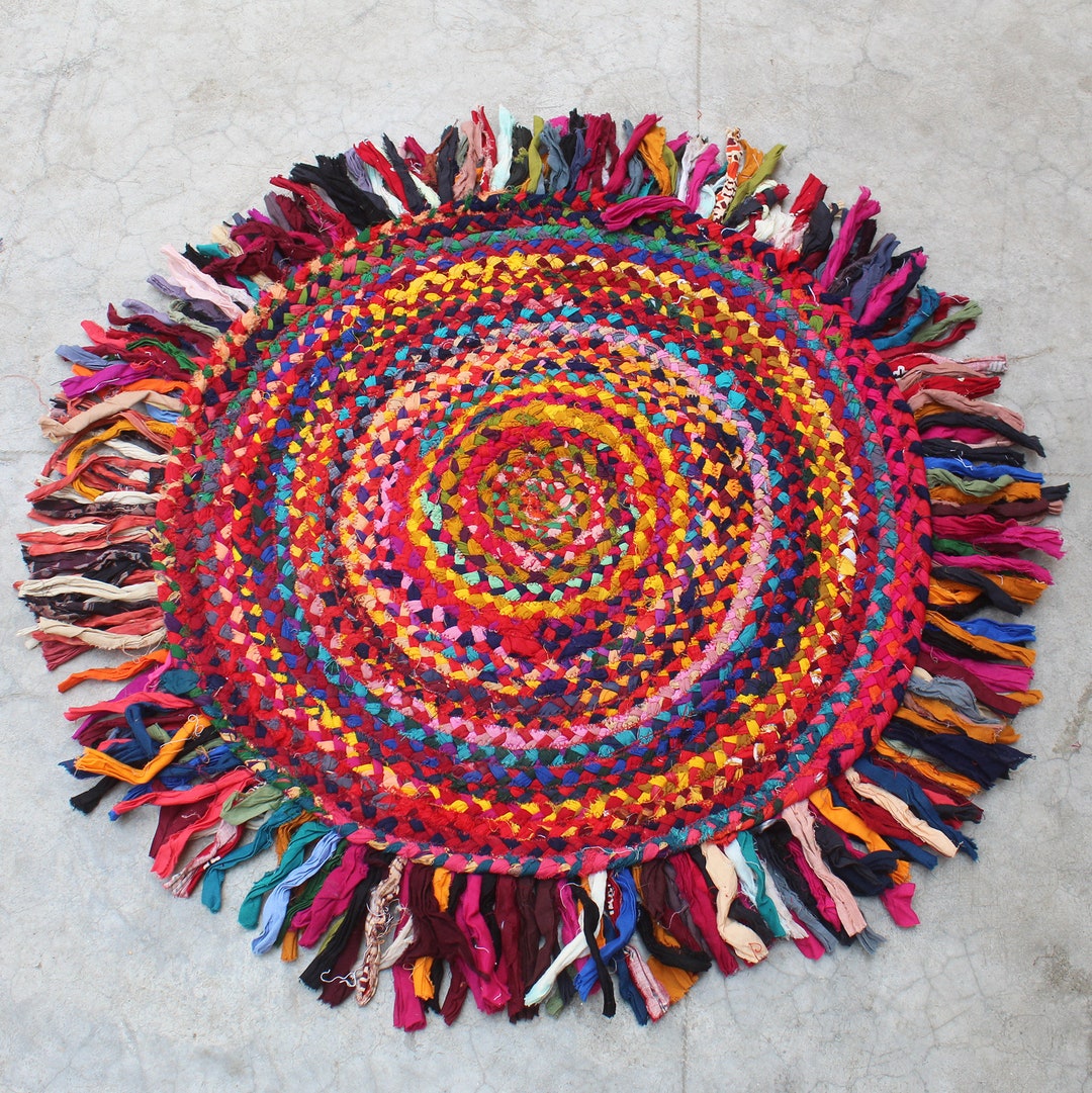 Indian Handmade Braided Chindi Rug With Fringe Round Rug Home Decor ...