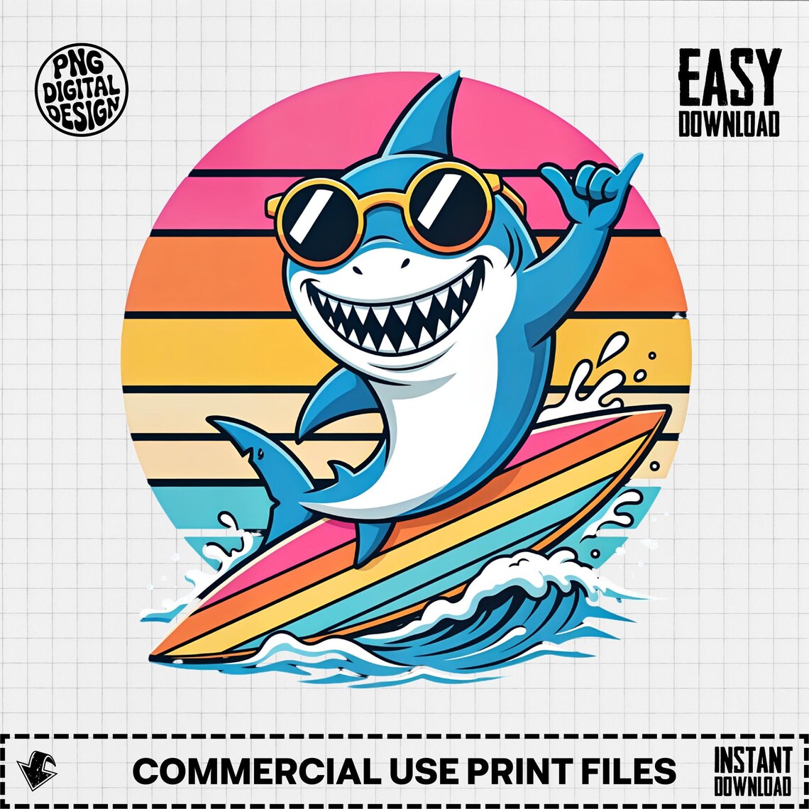Surfing Shark Clipart, Cool Shark PNG, Retro Summer Digital Design ...