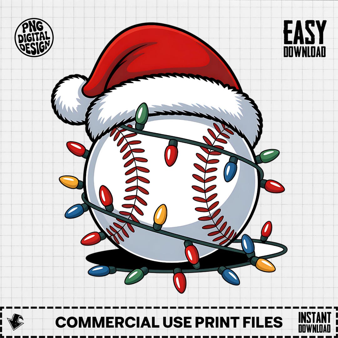 Christmas Baseball PNG, Santa Hat, Lights, Digital Download, Xmas ...