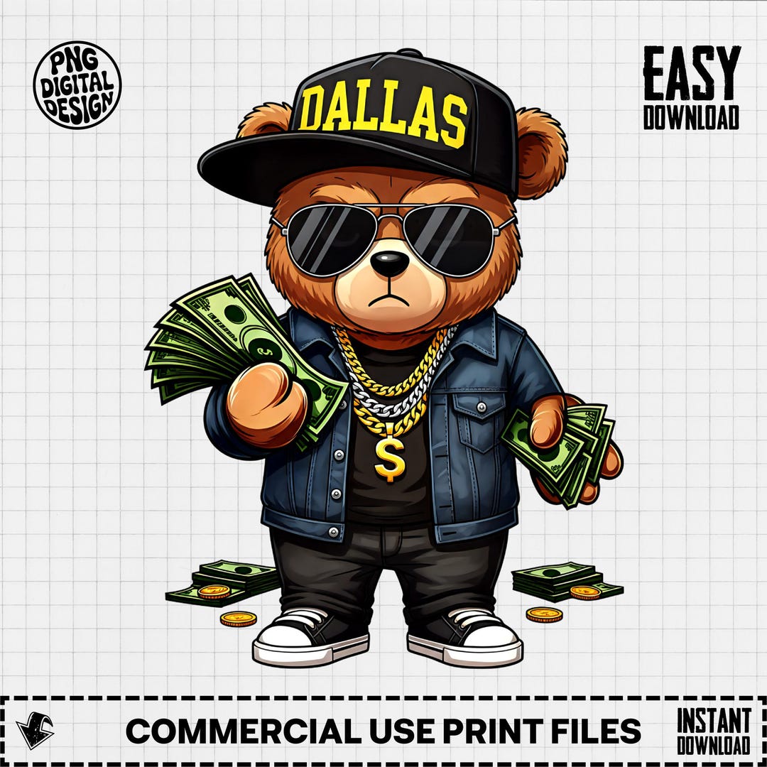 Dallas Money Bear Digital Art, Rich Hustler Bear PNG, Urban Cool Bear ...