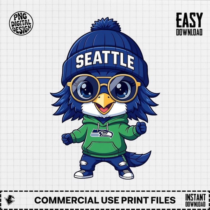 Seattle Seahawks Mascot T-shirt Design: Cartoon Bird Fan Art (digital ...