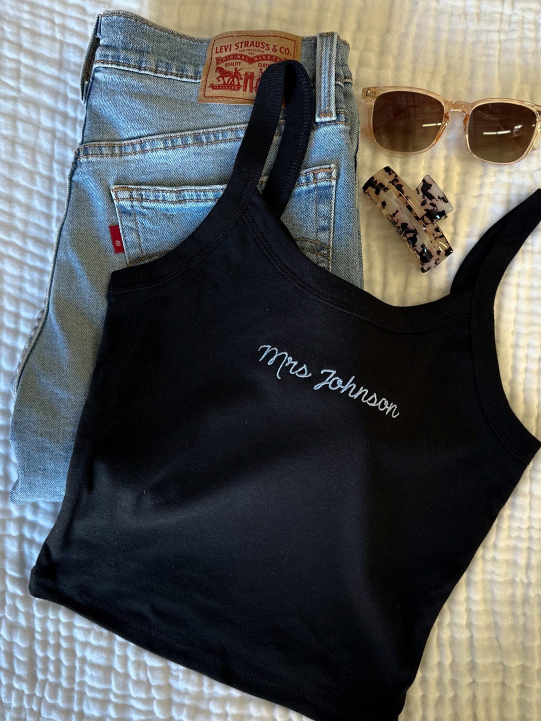 Embroidered Spaghetti Strap Baby Tee Tank Top - Personalized Womens ...