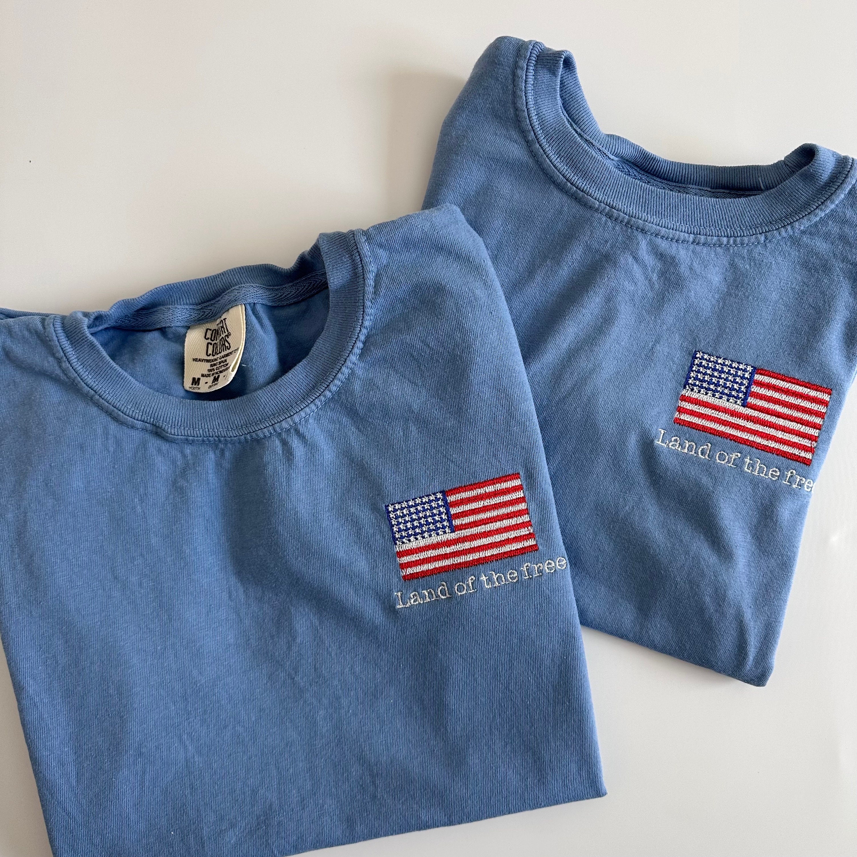 Comfort Colors Youth Embroidered T Shirt - Kids American Flag Land of ...