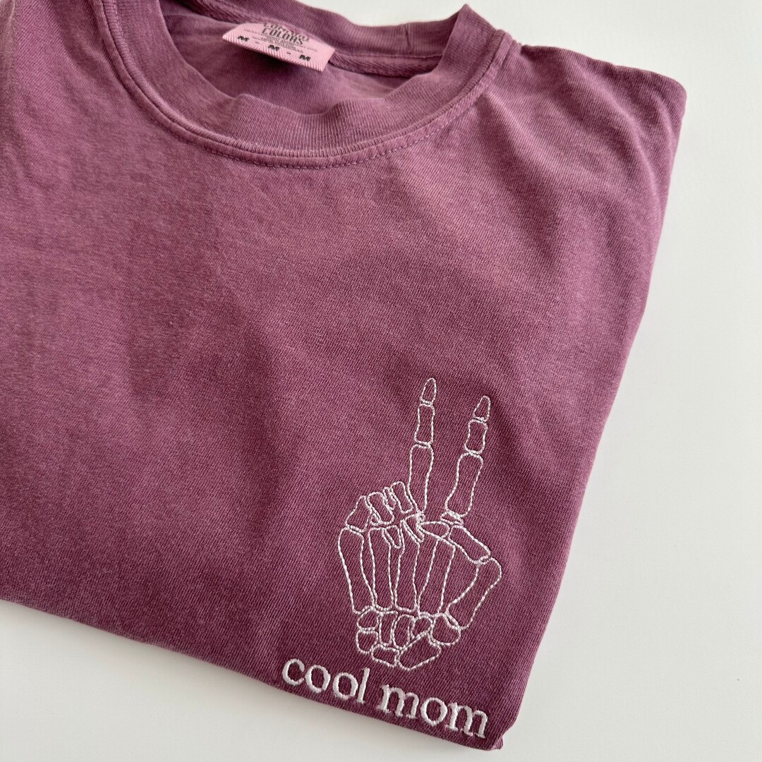 Comfort Colors Embroidered Cool Mom Skull Skeleton Hand Peace Sign Tee ...