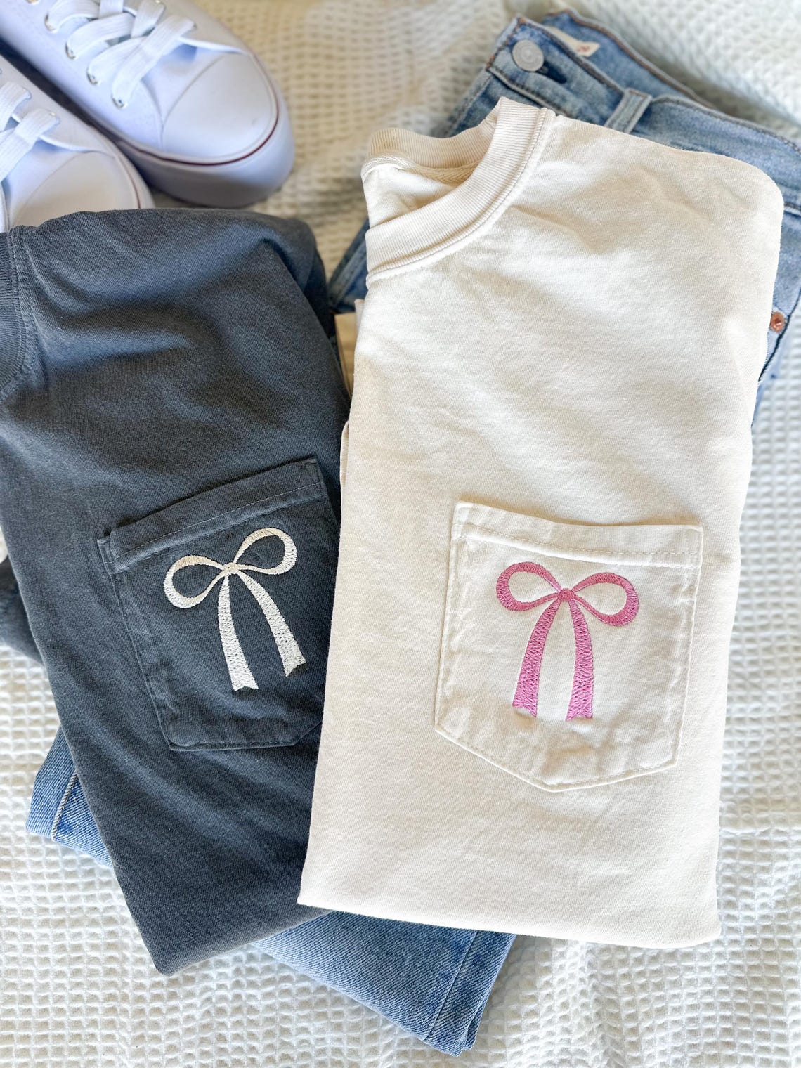 Comfort Colors Embroidered Bow Pocket Tee - Cute Coquette Bow - Bridal ...
