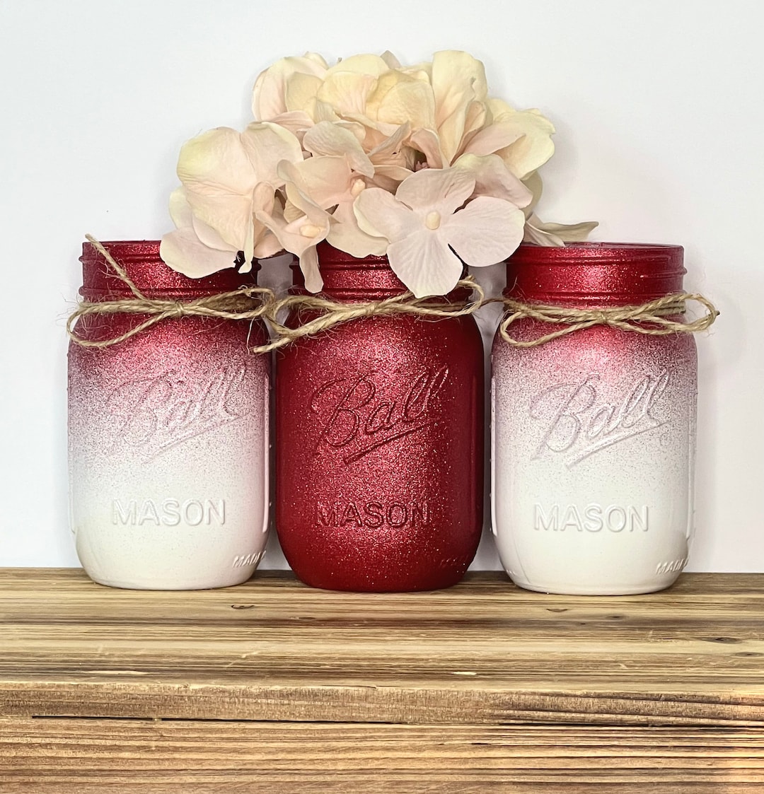 White and Red Glitter Mason Jar Centerpiece, Engagement Party Decor ...
