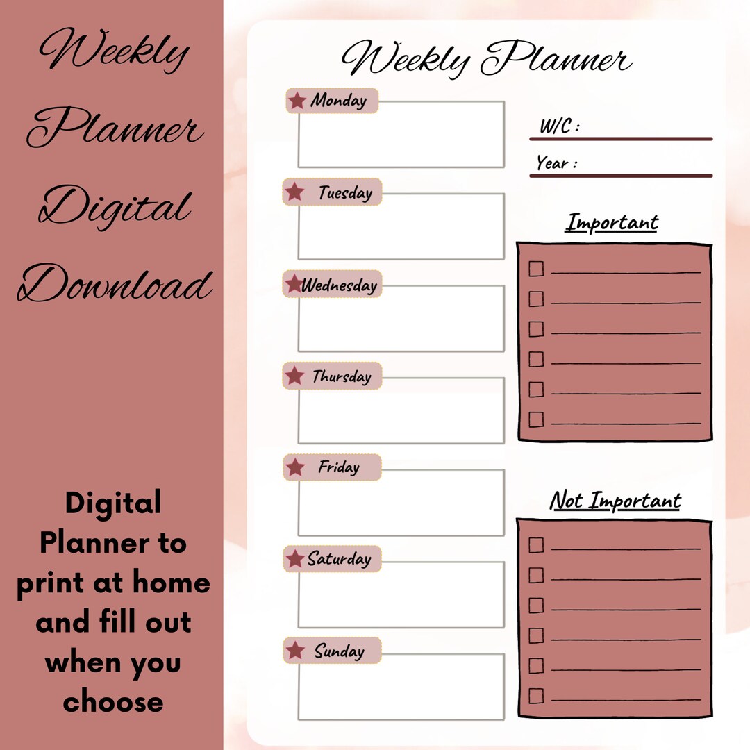 Weekly Planner Pink Digital Download / Weekly Organiser, Printable ...