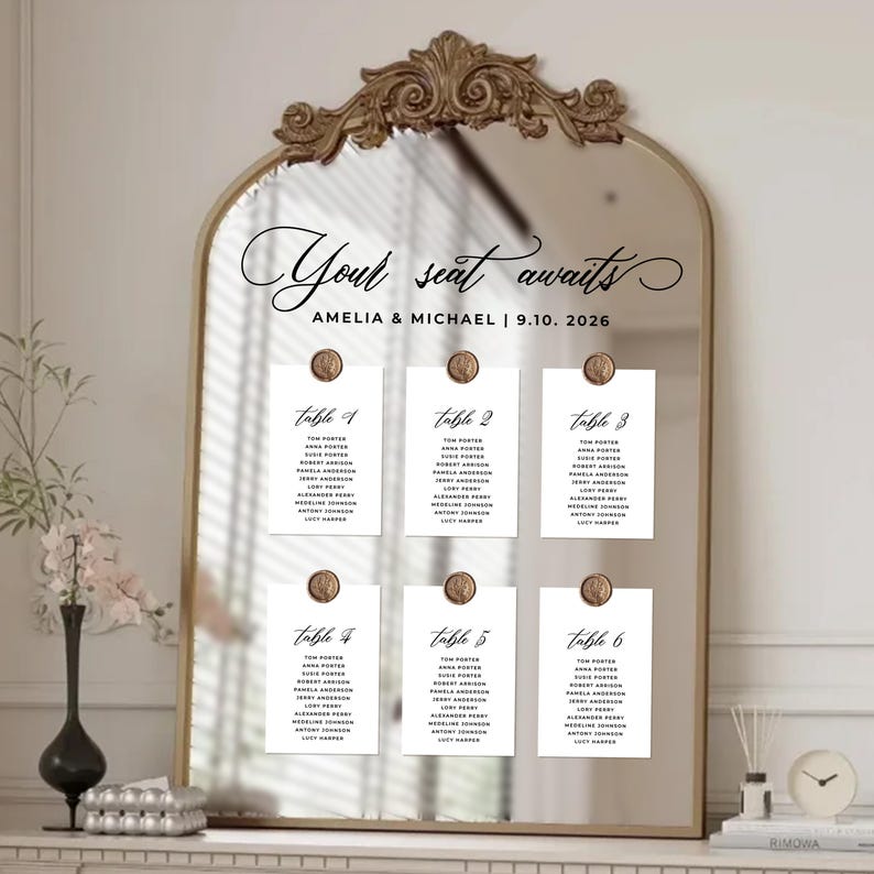 Wedding Mirror Seating Chart Decal With Table Cards Wedding Mirror ...
