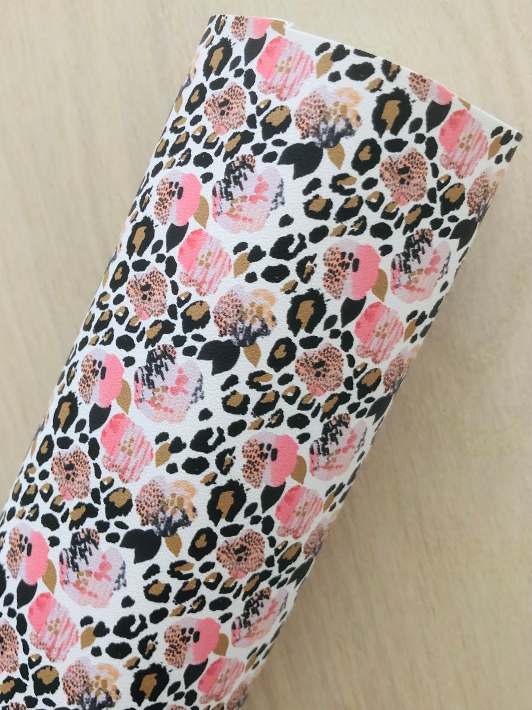 Leopard Floral, Leopard, Pink Flowers, Printed Faux Leather for Making ...