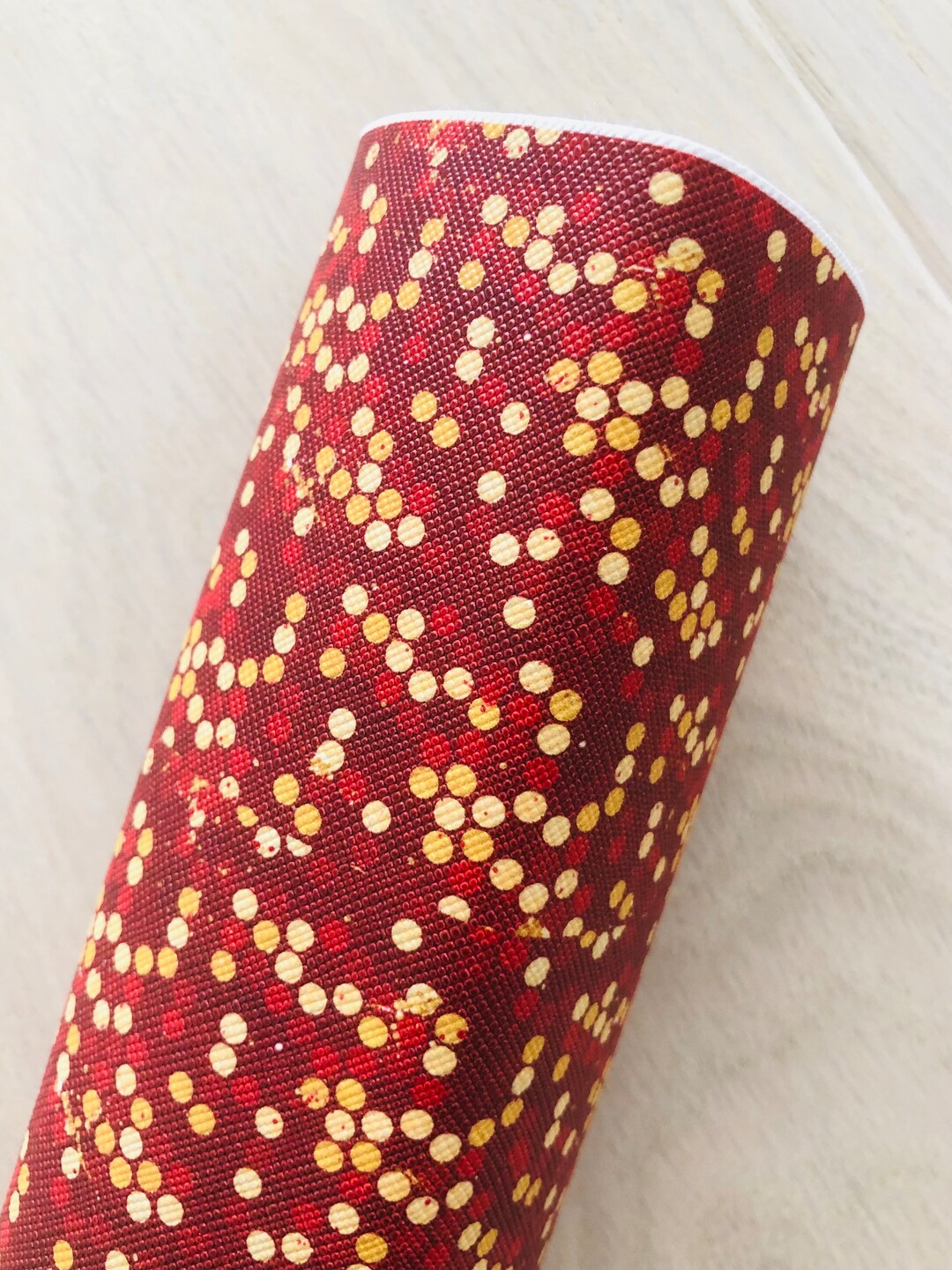 Red and Gold Dots, Red Faux Leather, Printed Cross Textured Faux ...