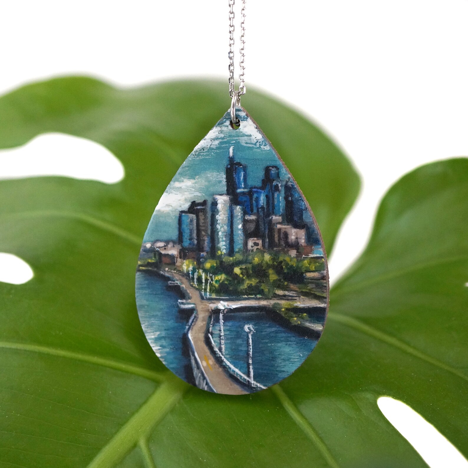Handpainted Pendant Necklace | Philadelphia Skyline | Watercolor ...