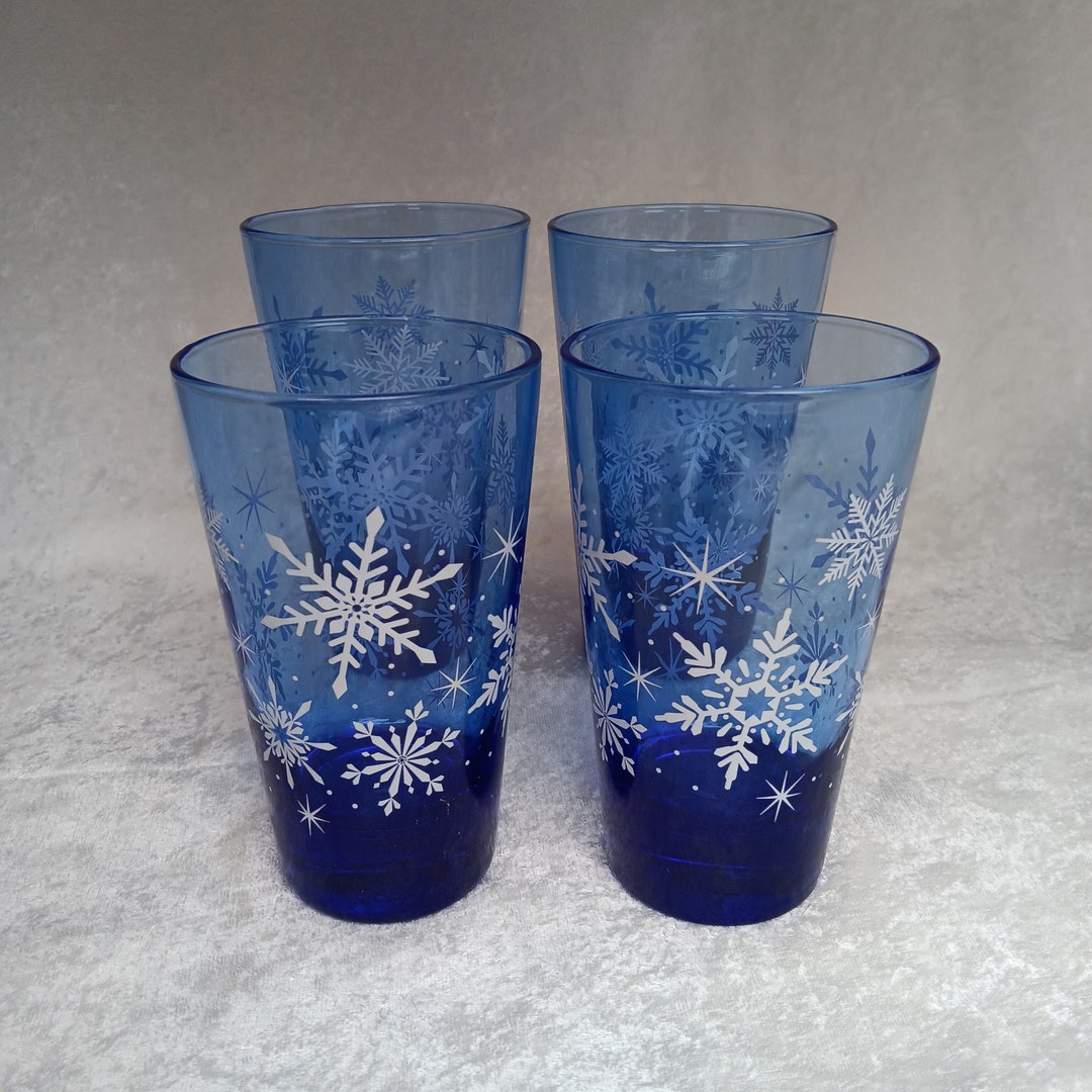 Set of 4 Vintage Cobalt Blue Libbey Holiday Snowflake Pattern Flared ...