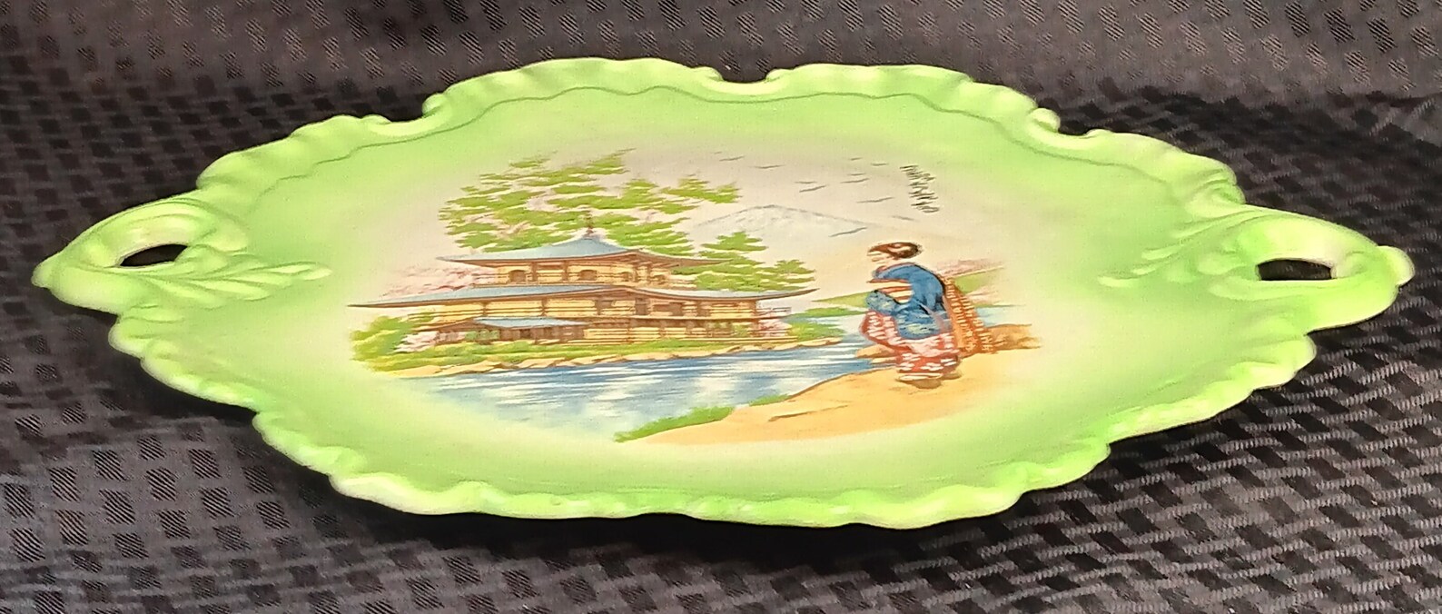 Vintage Round Handmade Green Ceramic Tray Platter With Handles and ...