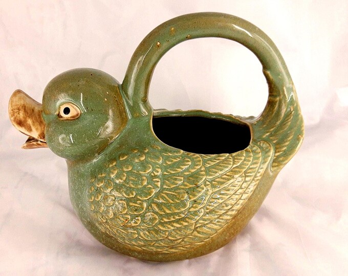 Vintage Hand Painted Green Ceramic Duck Planter Basket Watering Can ...
