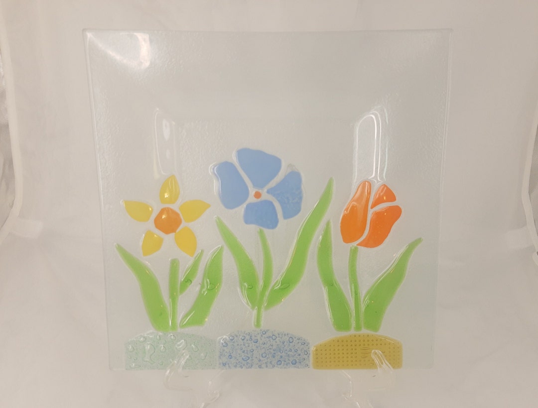 Fused Square Glass Plate Tray With Colorful Spring Flowers HANDMADE IN ...