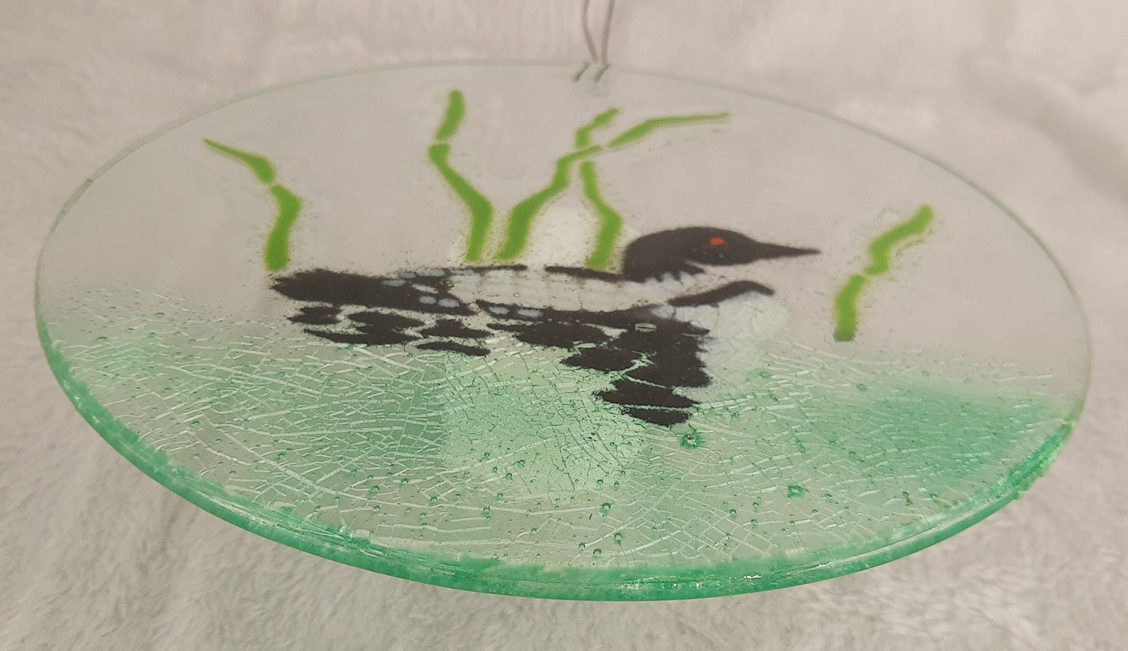 DUCK DECOR! Fused Round Glass Swimming Black and White Duck in Reeds ...