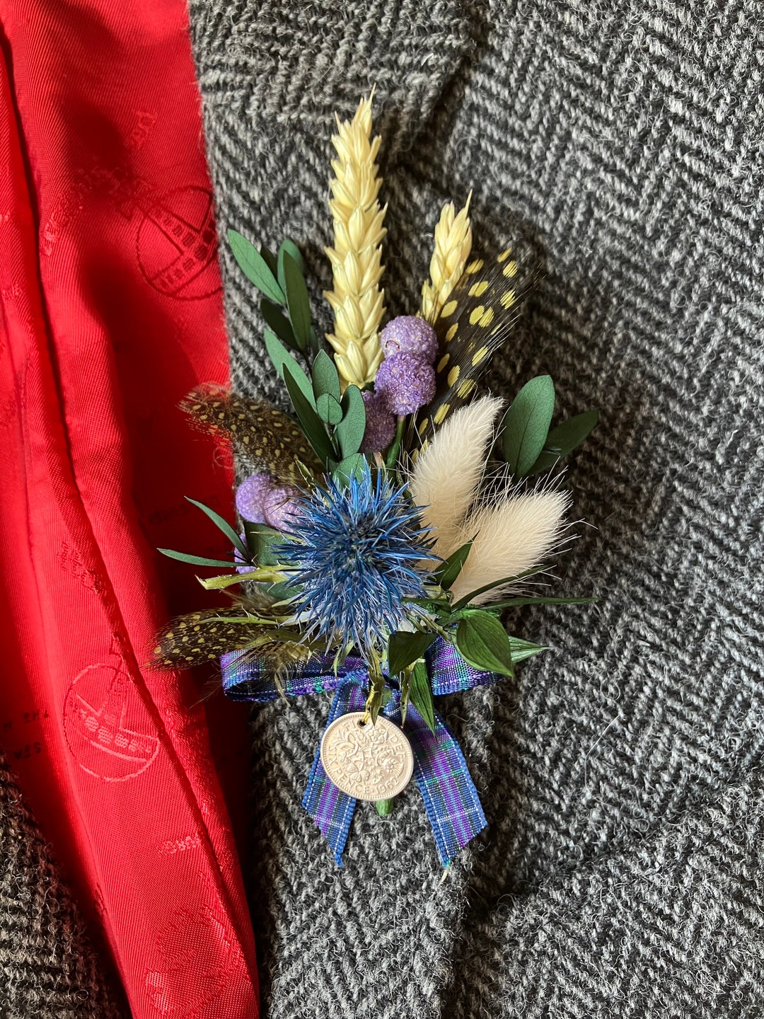 Scottish Themed Thistle Buttonhole Featuring A Silver Sixpence, Dried ...