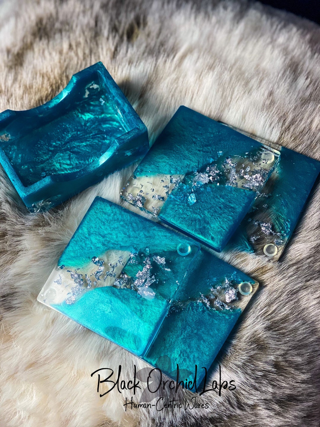 Set of 4 Resin Coaster Set, Artistic Coaster Set, Turquoise and Silver ...