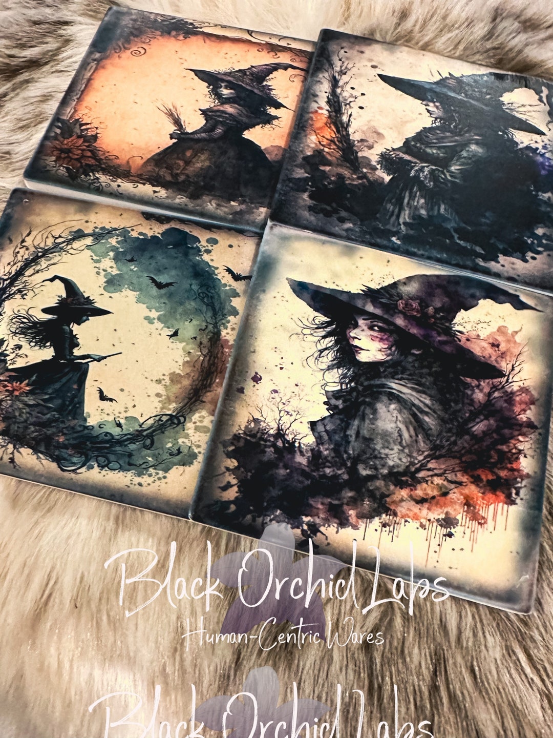 Witchy Set of 4 Sandstone Gothic Witch Coasters, Goth Coasters, Dark ...