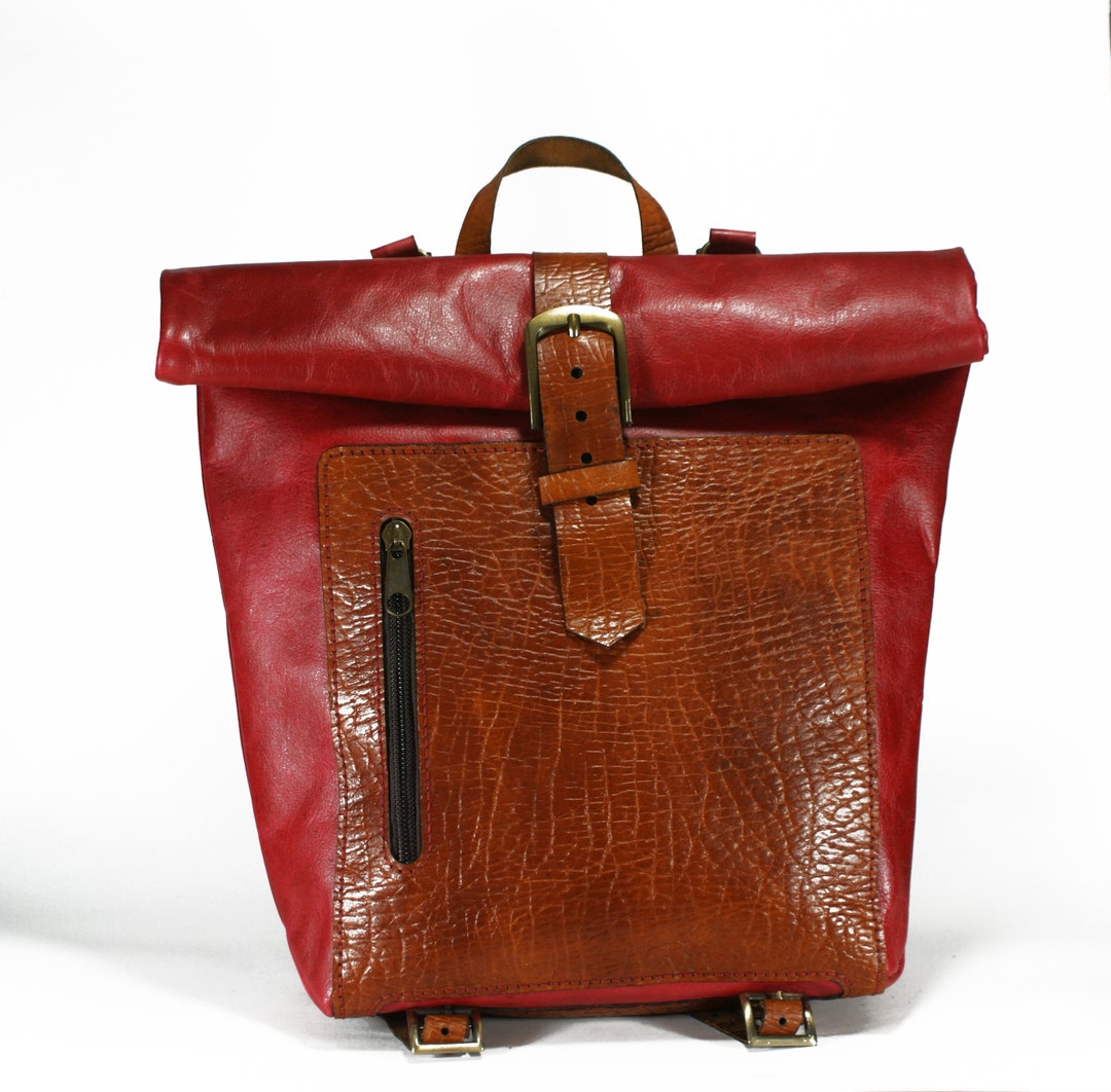Genuine Leather Rolltop Backpack, Embossed Leather Backpack, Leather ...