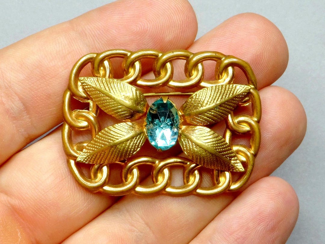 Turquoise Glass Stone, Flower and Chain. Antique Large Brooch. - Etsy