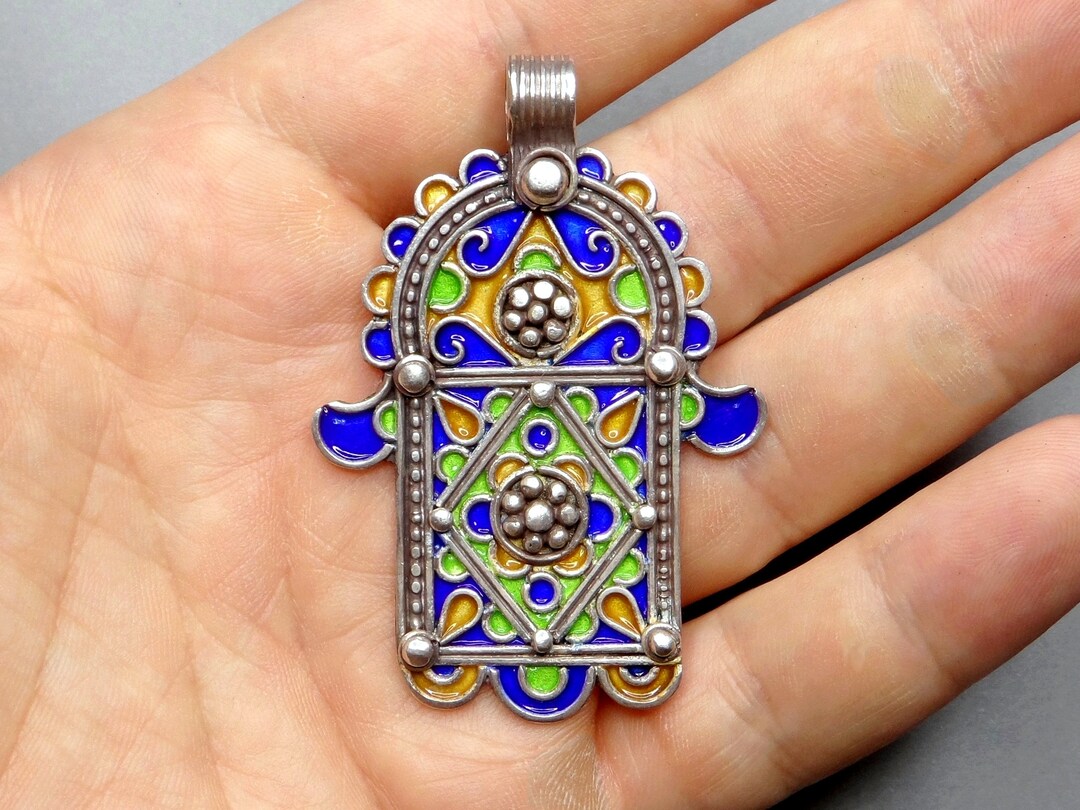 Khamsa. Hand of Fatima. Antique Enamel Medal. Large Silver Pendant. - Etsy