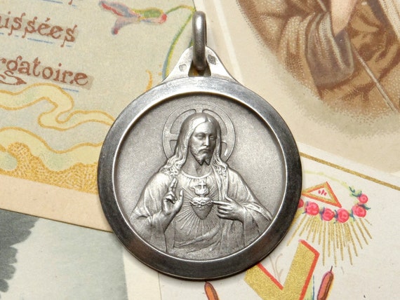 Sacred Heart, Scapular. Antique Religious Silver Pend… - Gem