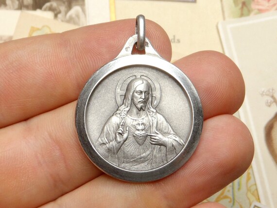 Sacred Heart, Scapular. Antique Religious Silver Pend… - Gem