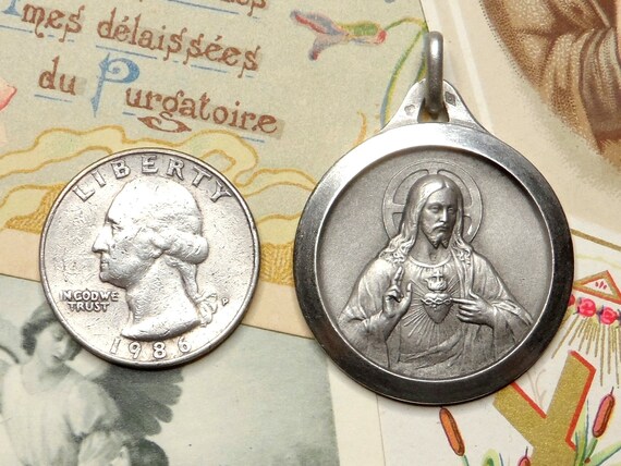 Sacred Heart, Scapular. Antique Religious Silver Pend… - Gem