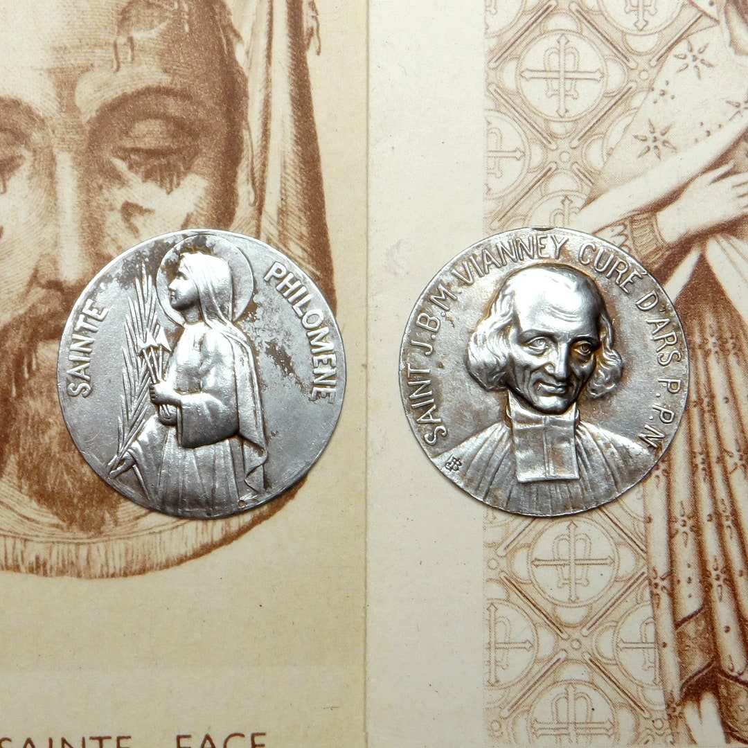 Saint Philomena and John Vianney. Antique Religious Plate. French Medal ...