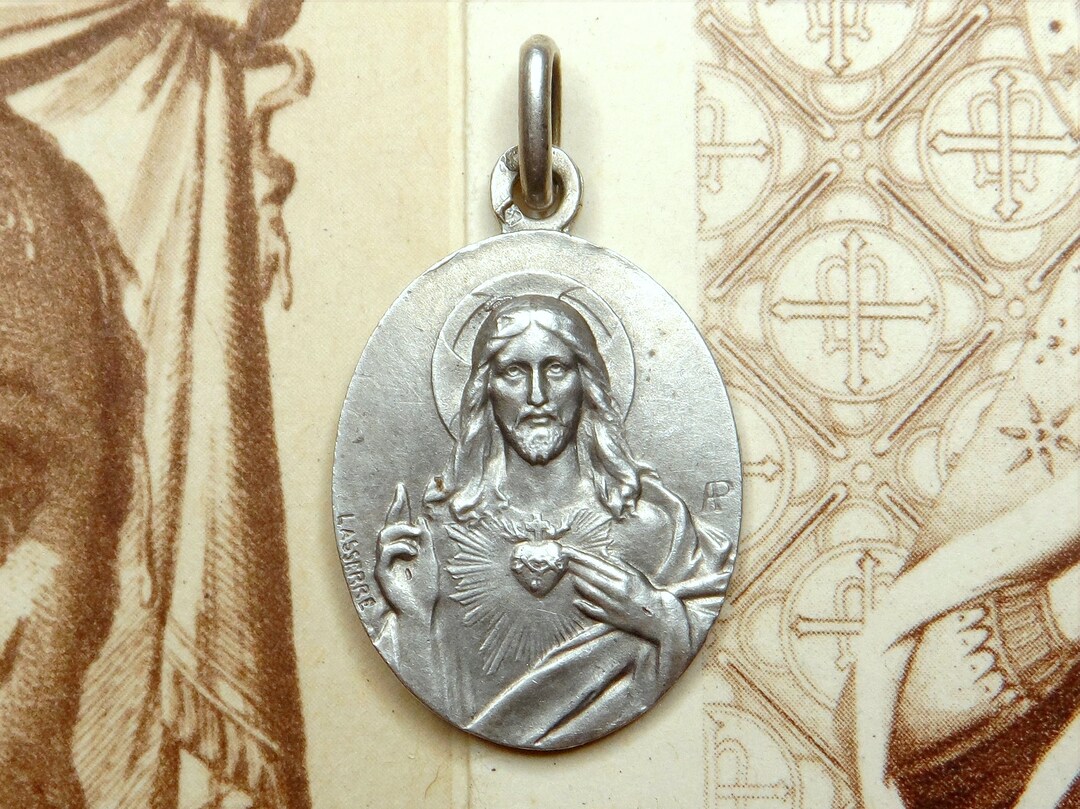 Sacred Heart, Scapular. Antique Religious Silver Pendant. Large Medal ...