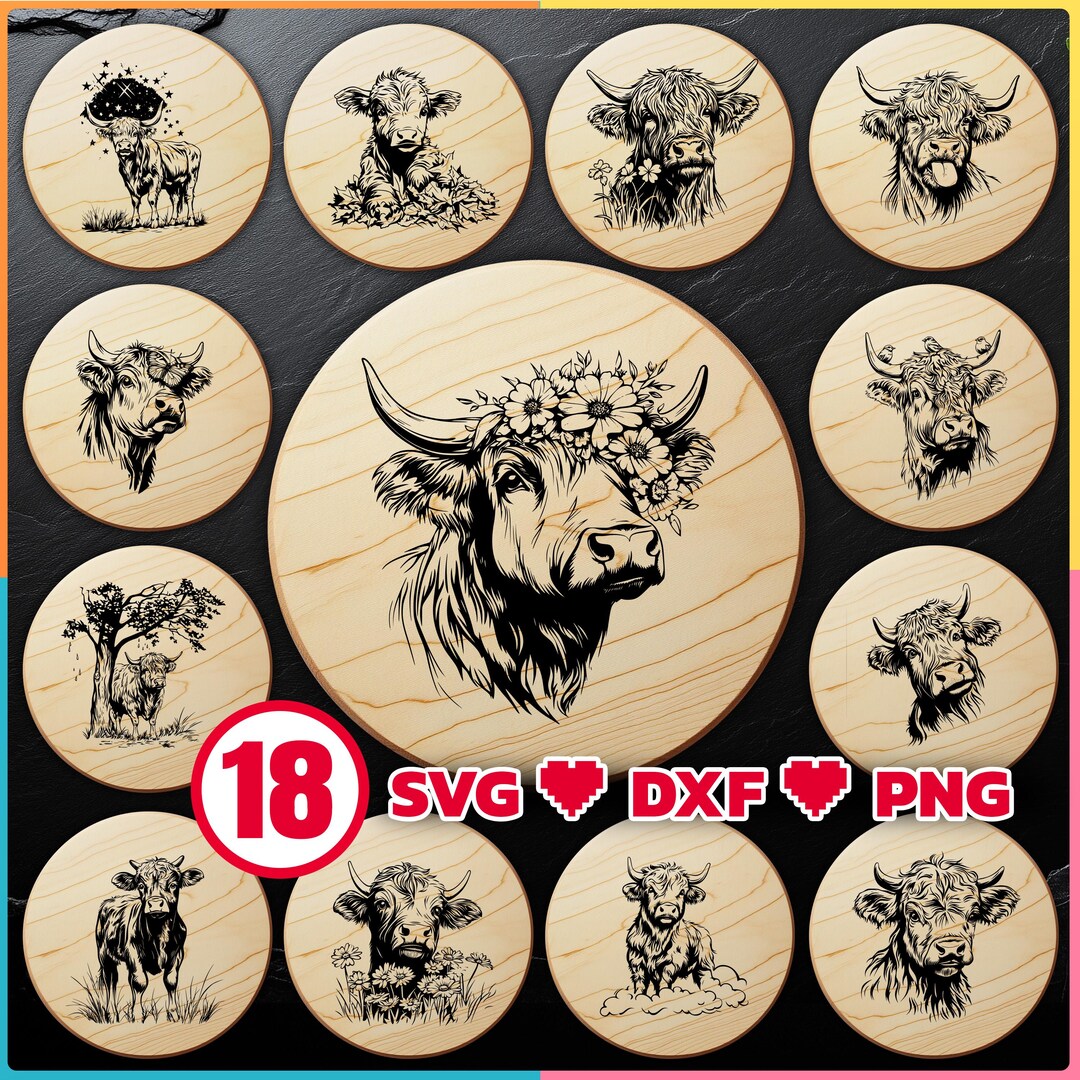 Highland Cow Laser Cut Files Bundle With SVG, DXF and PNG for Engraving ...