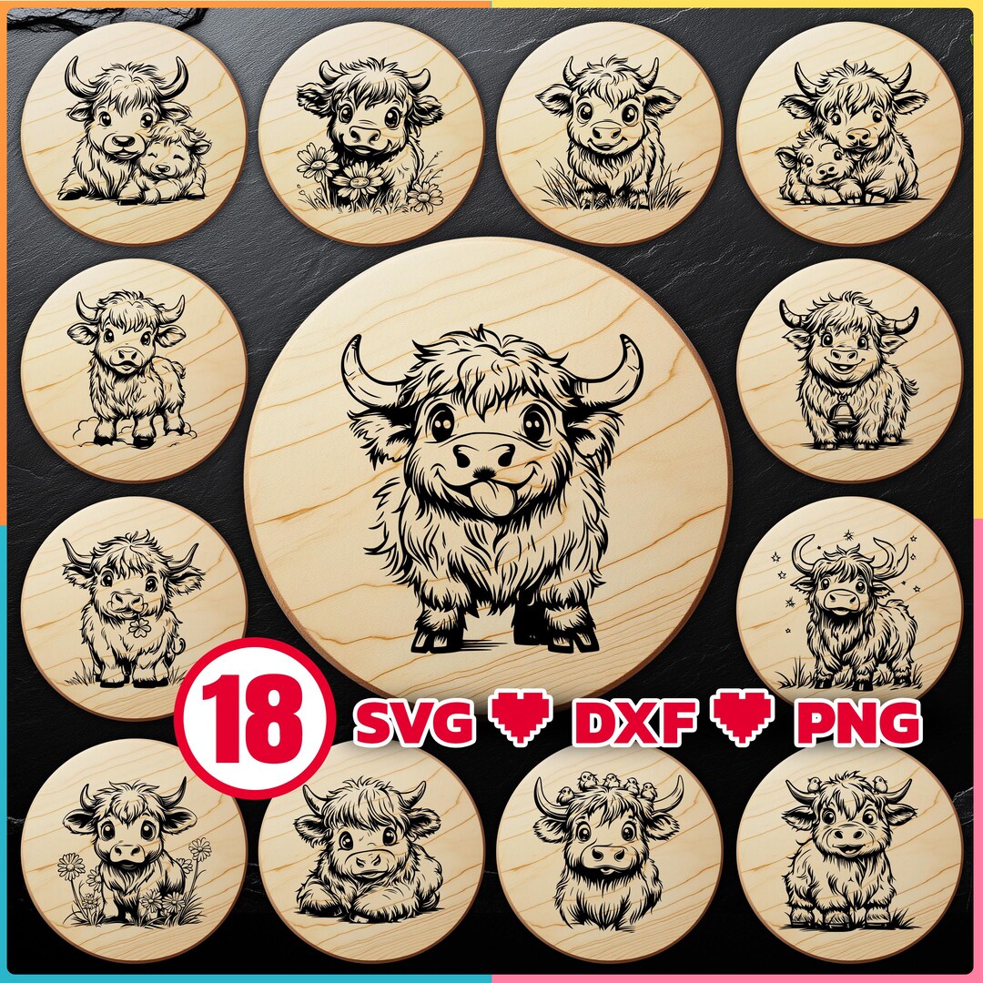 Highland Cow Laser Cut Files Bundle With SVG, DXF and PNG for Engraving ...