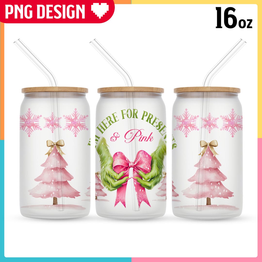 Coquette Pink Grinchmas and Preppy Bow 16 Oz Can Glass Wrap Png Digital ...