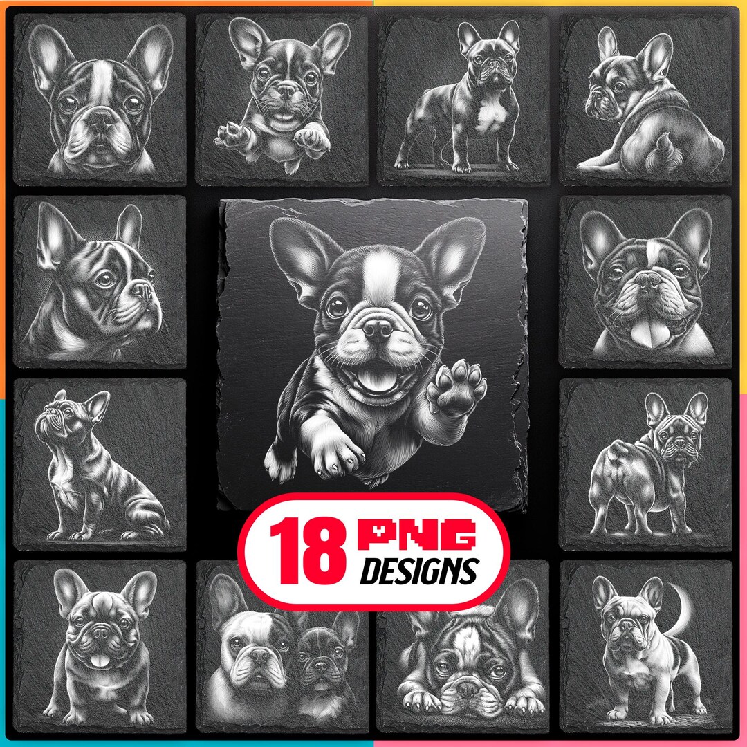 French Bulldog Breed Laser Engraving PNG Bundle — Slate Coaster Designs ...