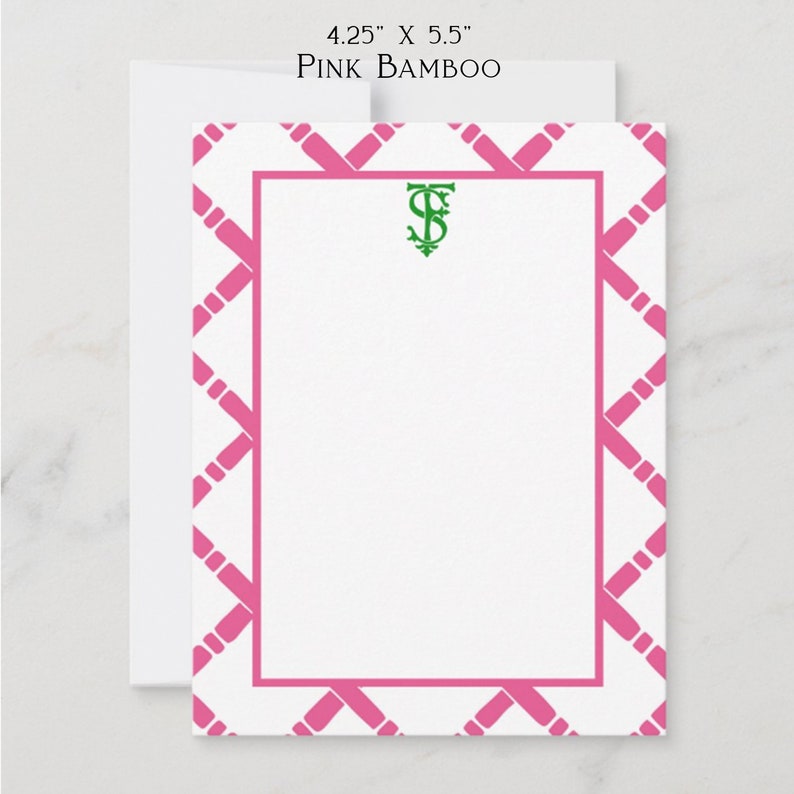 Monogram Bamboo Stationery Cards Pink and White Custom Note - Etsy