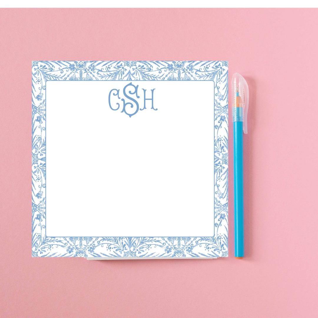 Blue & White Floral Monogram Square Notepad, Personalized Name Notepad ...