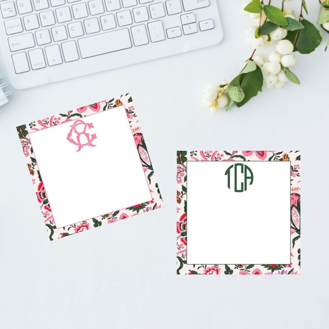 Personalized Pink and Green Floral Block Print Monogram Note Pad, Floral Vines Notepad, Spring ...