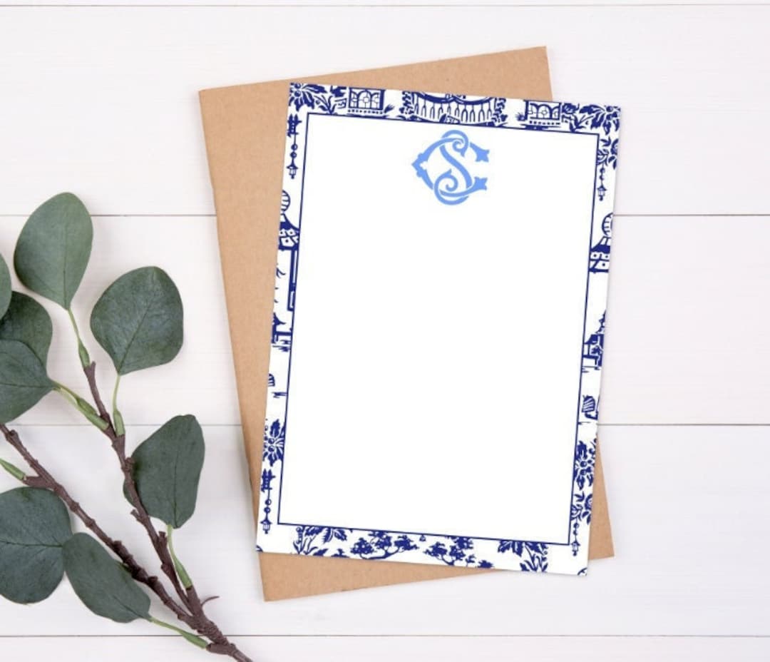 Blue and White Chinoiserie Monogram Flat Stationery, Custom Toile Monogram Note Cards, Thank You ...