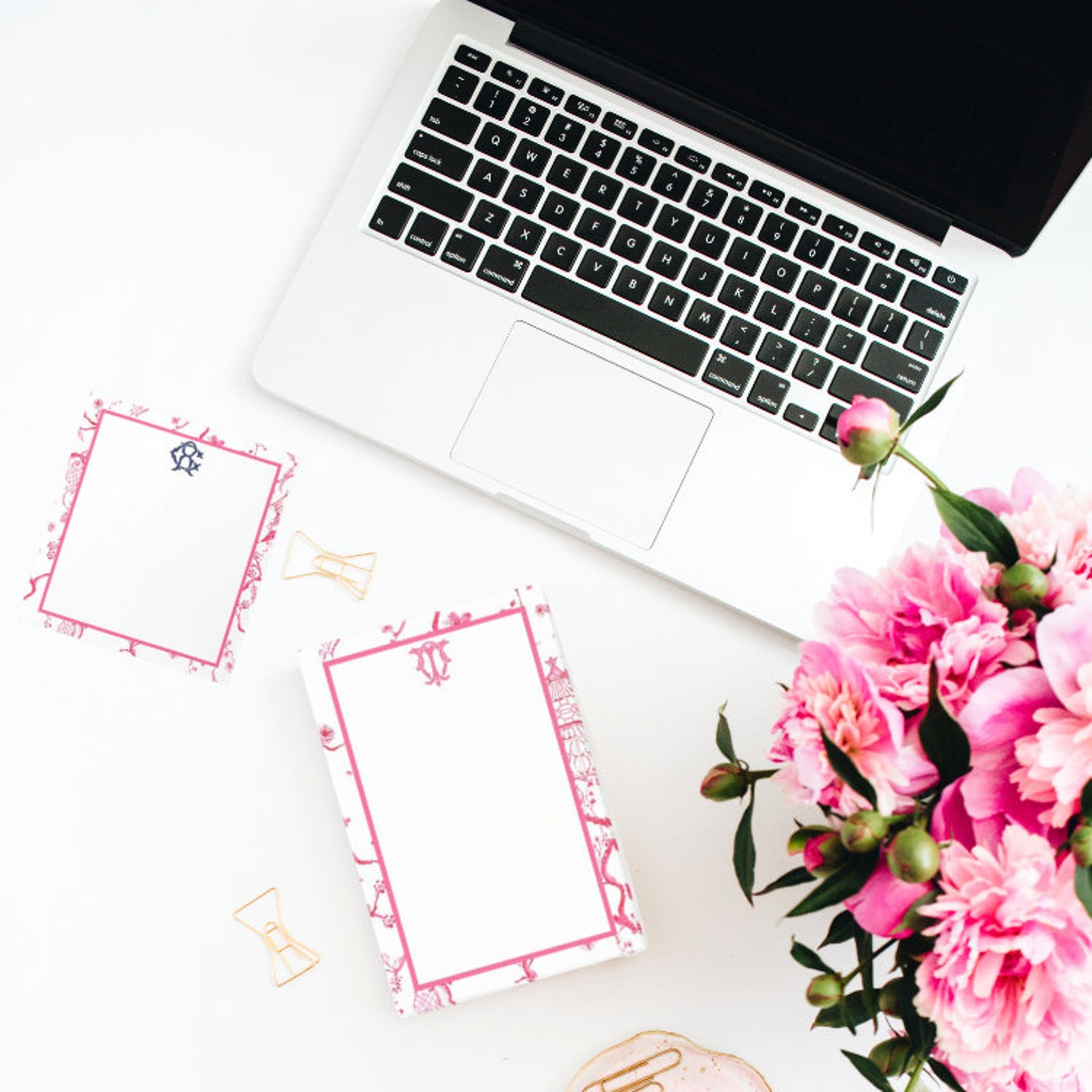 Personalized Pink Chinoiserie Note Pad, Pink and White Pagoda Monogram ...