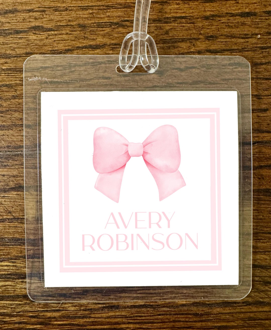 Custom Pink Bow Bag Tag, Girl Laminated Square Luggage Tag, Diaper Tag ...